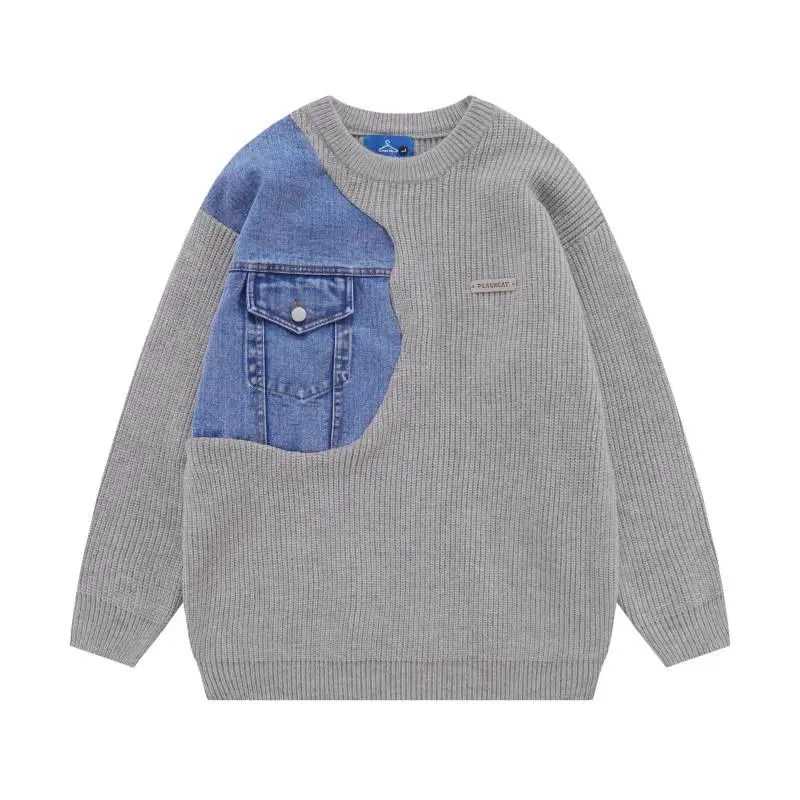 Denim Patched Sweater - POIZON