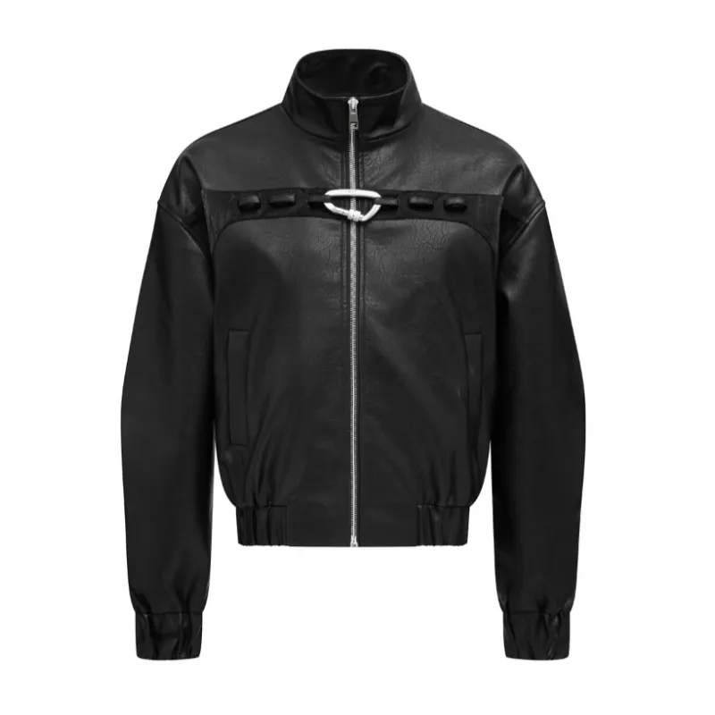 Black Double-Zipper Leather Jacket Motorcycle Coat - POIZON