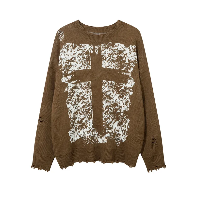 High Street Ripped Cross Letter Printed Round Neck Sweater - POIZON