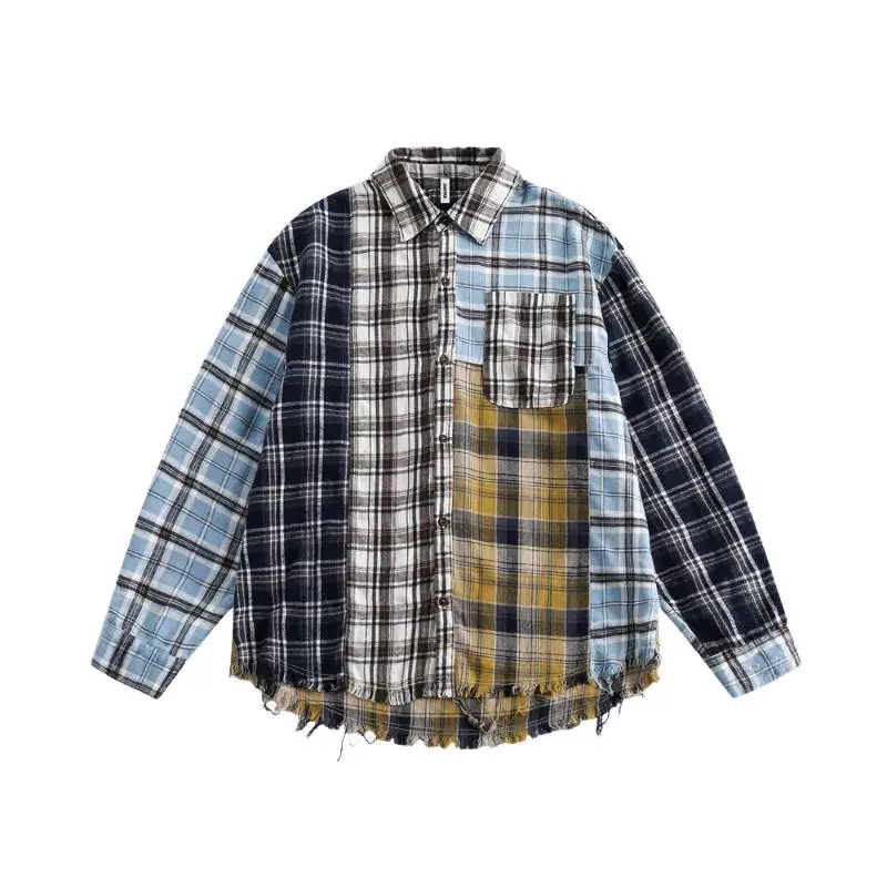 Irregular Patchwork Plaid Long-sleeved Shirt - POIZON