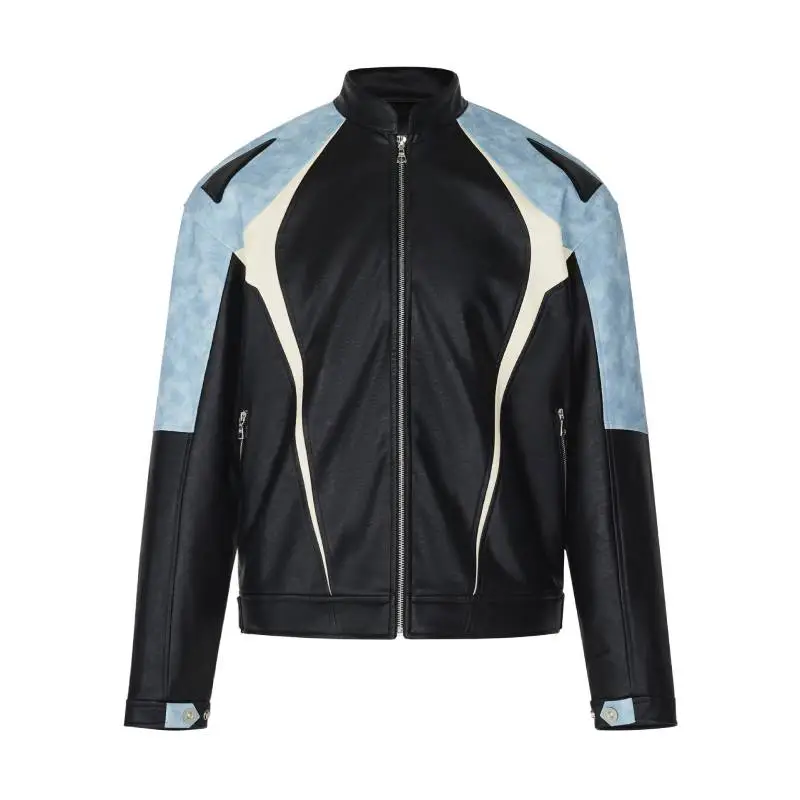 Thickened Motorcycle Jacket Washed Snob Contrast Color Jacket - POIZON