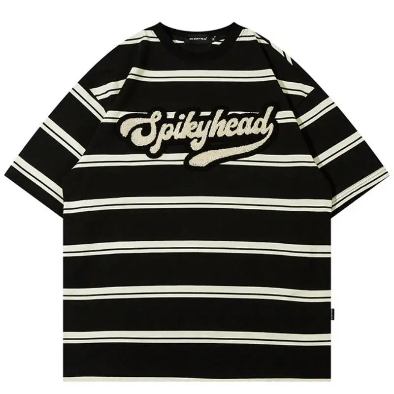 Trendy Flocking Horizontal Striped T-Shirt - POIZON