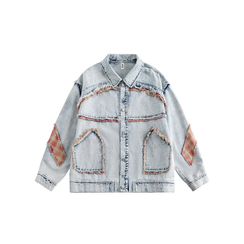 Washed Retro Patchwork Plaid Denim Jacket - POIZON