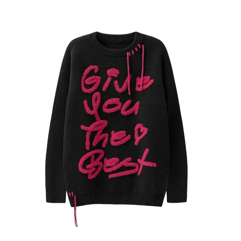 Towel Embroidered Letter Crewneck Loose Knitted Sweater - POIZON