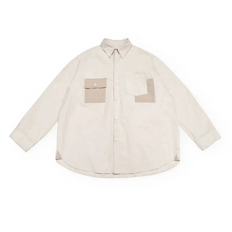 Loose Contrast Color Pocket Long Sleeve Shirt - POIZON