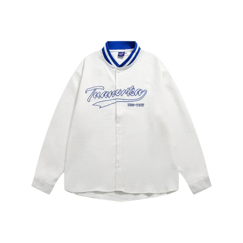 Trendy Texture Contrast Embroidered Baseball Collar Shirt - POIZON